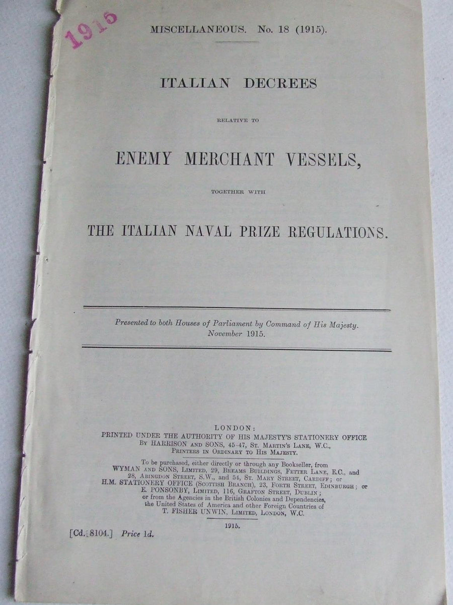 Italian Decrees relative to enemy merchant vessels – McLaren Books